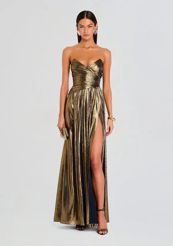 retrofete gold strapless dress Gold Mermaid Prom Dresses with Slit Backless Formal Dresses, QB0342 –  QueenaBridal main image 0