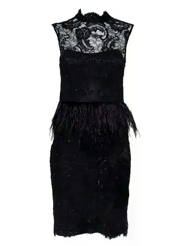 Alice + Olivia Lace Feather-trim Dress - Black