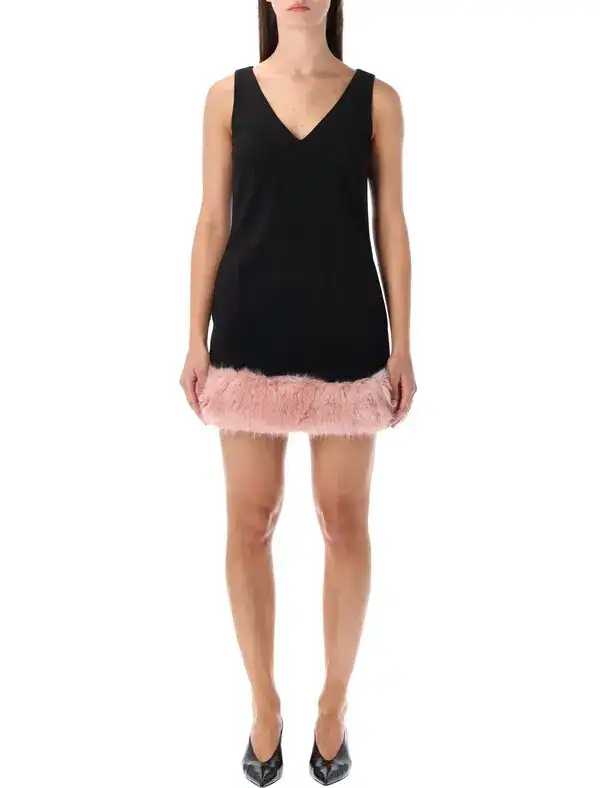 Self-Portrait Crepe Mini Dress With Faux Fur Trim - Black