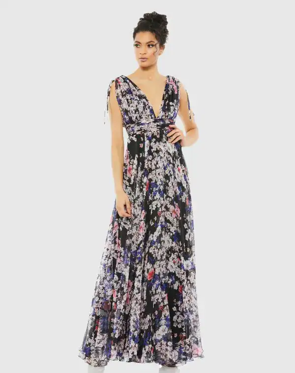 Mac Duggal Floral Tie Shoulder V-Neck Maxi Dress - Black Multi |  Editorialist