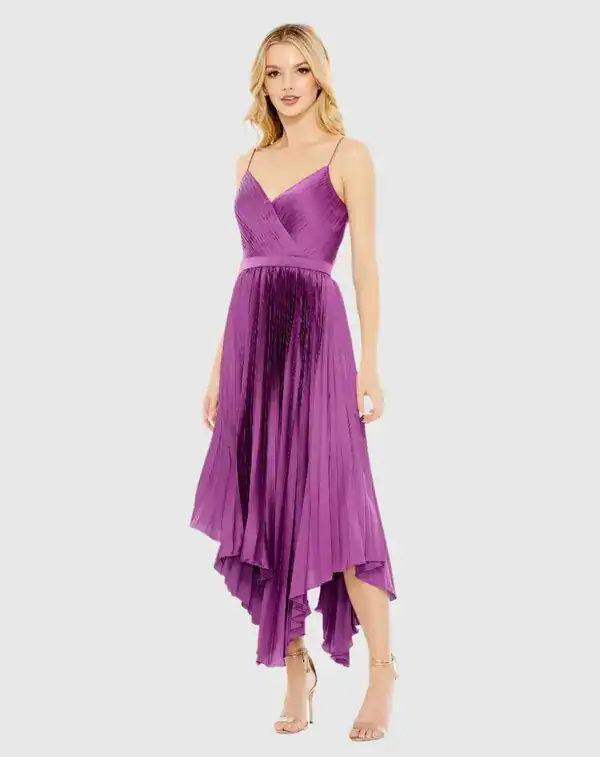 Mac Duggal Pleated Satin Flowy Midi Dress In Amethyst | Editorialist