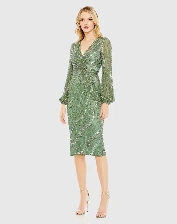 Mac Duggal Embellished Long Sleeve Midi Dress - Sage | Editorialist