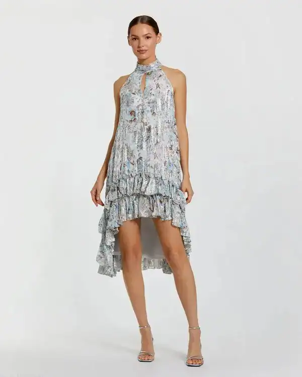 Mac Duggal - High Neck Keyhole A-Line Floral Ruffle Mini Dress - Ivory Multi