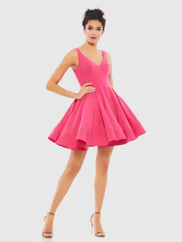 Mac Duggal V-Neck Fit & Flare Mini Dress With Pockets - Pink | Editorialist