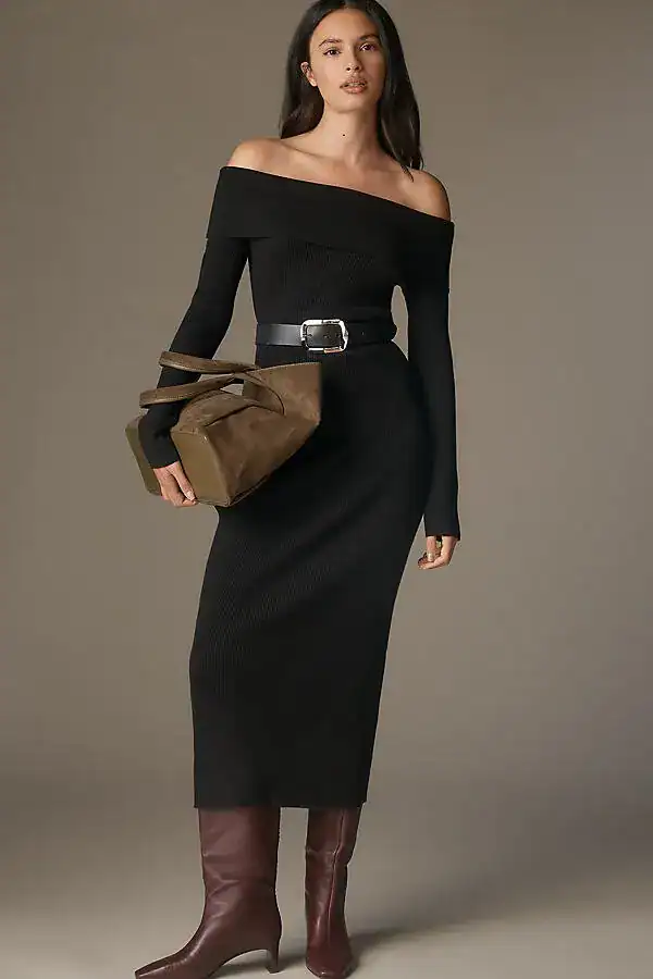 Glamorous Petite Off-Shoulder Knit Midi Dress In Black - 39% Off |  Editorialist
