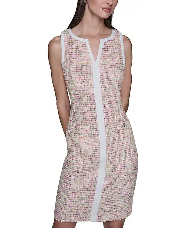 Karl Lagerfeld Paris Tweed Knit Sheath Dress - Hot Coral/ Soft White