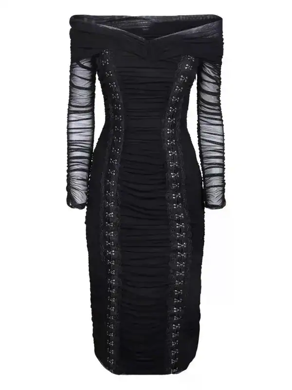 NISSA Ruched Off-shoulder Midi Dress - Black