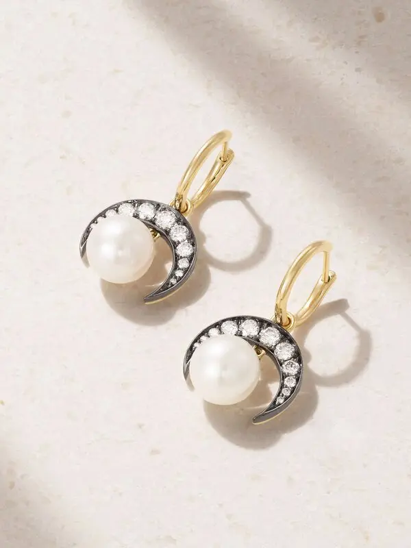 Jessica Mccormack Crescent Moon 18-Karat Yellow And Blackened White Pearl And Diamond Hoop ...
