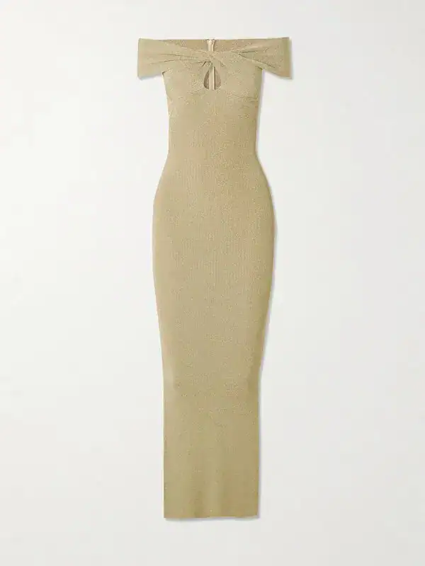 Stella McCartney Off-the-shoulder Cutout Ribbed-knit Gown - Gold |  Editorialist