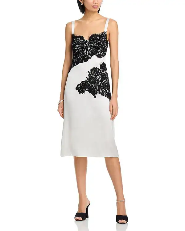 L'Agence Fenna Silk Lace Applique Dress - Ivory/Black | Editorialist