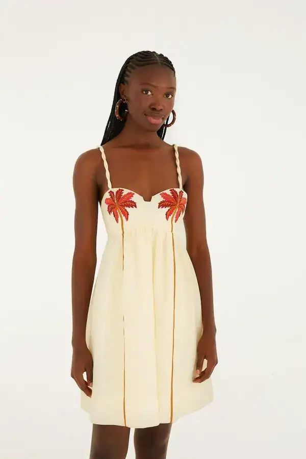 Farm Rio Coconut Tree Embroidered Linen Mini Dress In Sand - 30% Off |  Editorialist