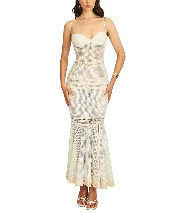 Miss Circle Women Pallas Beige Lace Trim Crochet Mermaid Maxi Dress