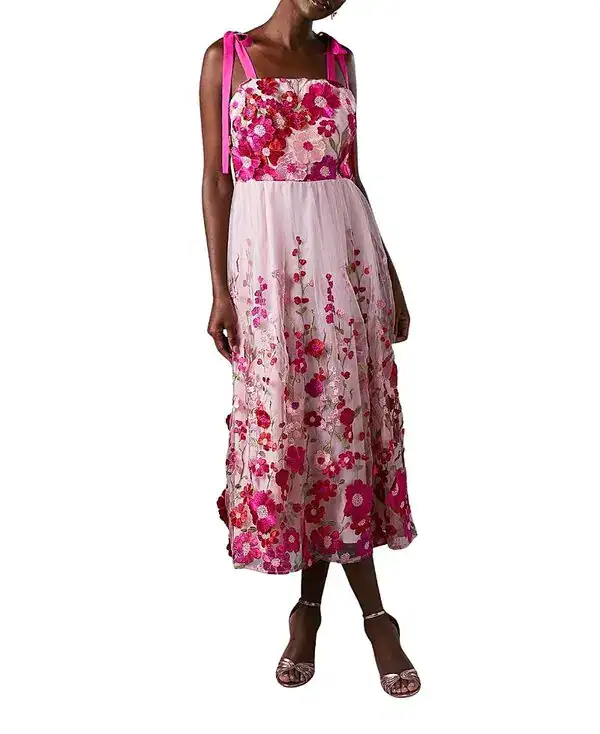 green emerald velvet dress Floral Embroidered Mesh Overlay Midi Dress in Cream