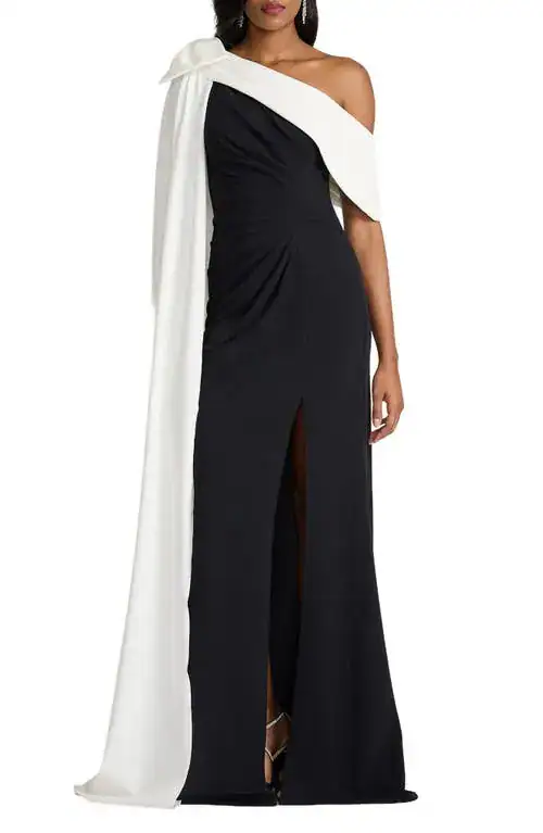 Tadashi Shoji Bow Cape Detail One-Shoulder Gown - Black/Ivory | Editorialist