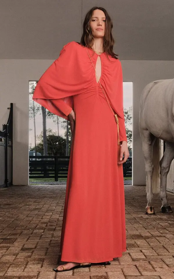 chinese dress ladies A&A Solei Asymmetric Cape Overlay Fringe Maxi Gown Dress