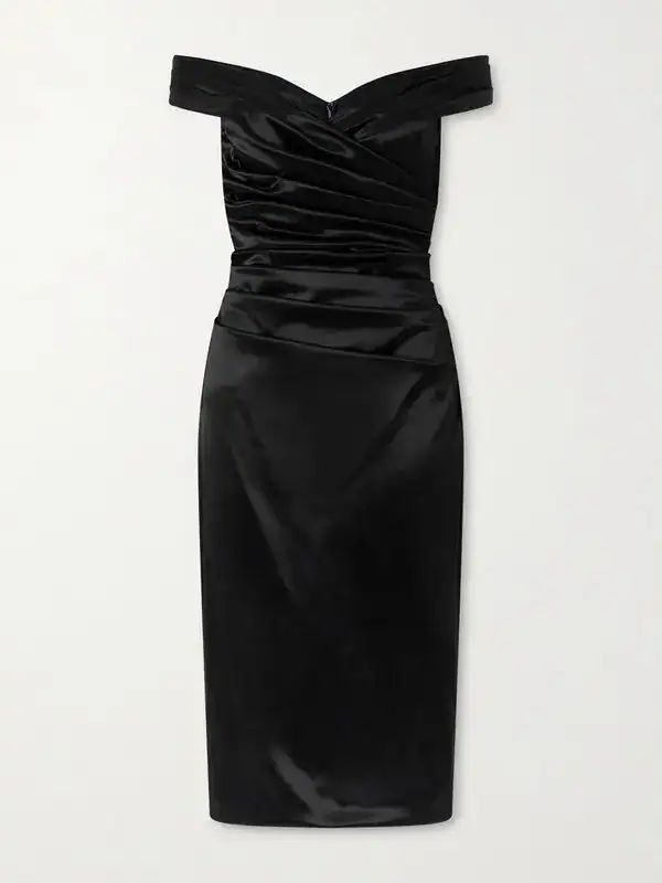 Dolce & Gabbana Off-The-Shoulder Draped Satin Midi Dress - Black |  Editorialist