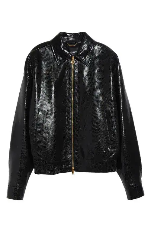 Versace Python Embossed Leather Jacket - Black | Editorialist