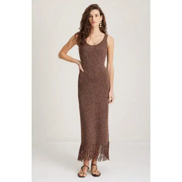 brown fringe maxi dress Hestia Chocolate Brown Sleeveless Fringed Maxi Dress