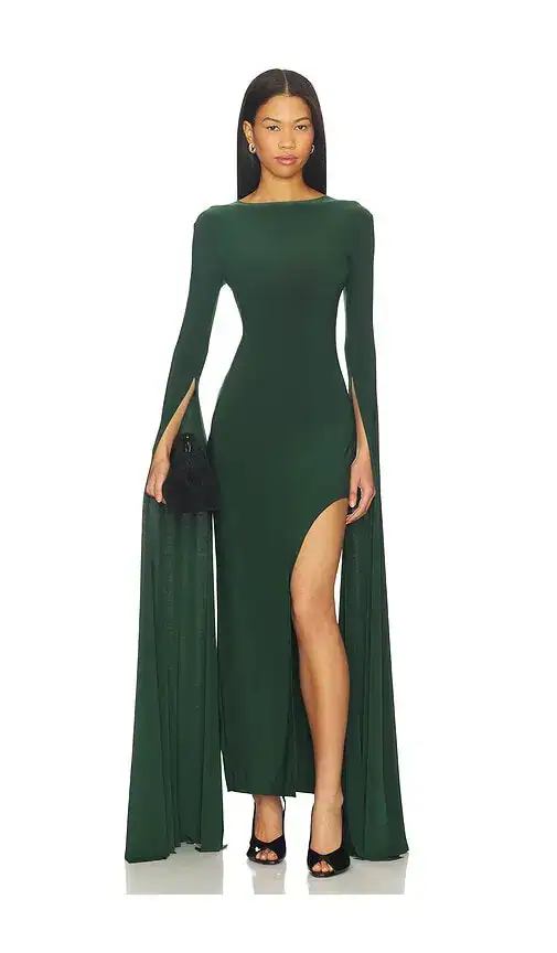 Norma Kamali Open Back Ribbon Sleeve Wide Slit Gown in Green - Size S