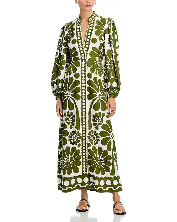 green emerald velvet dress Farm Rio Long Sleeve Ruffled Maxi Dress