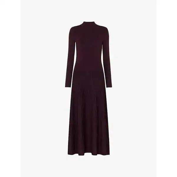 Whistles Funnel-Neck Pleated-Knit Midi Dress - Purple
