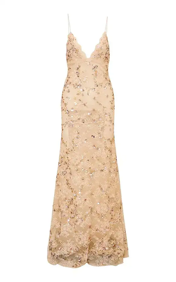 Loveshackfancy Innes Sequined Lace Dress - Gold | Editorialist