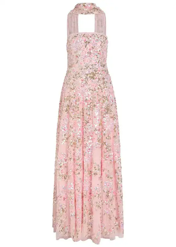 Needle & Thread Embellished Scarf-Effect Tulle Gown - Light Pink |  Editorialist