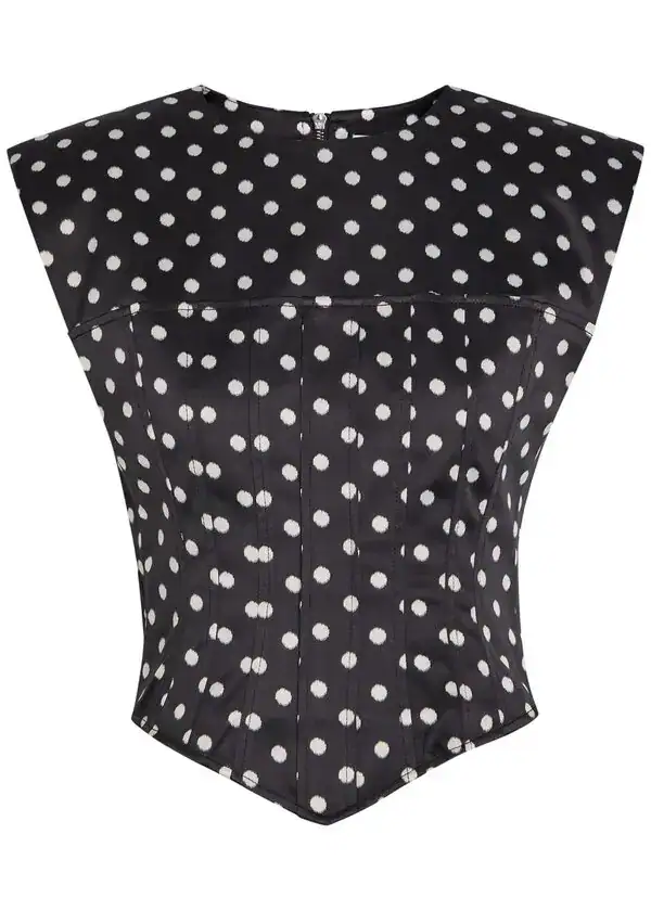 Ganni Polka-Dot Corset-Style Satin Top - Black | Editorialist