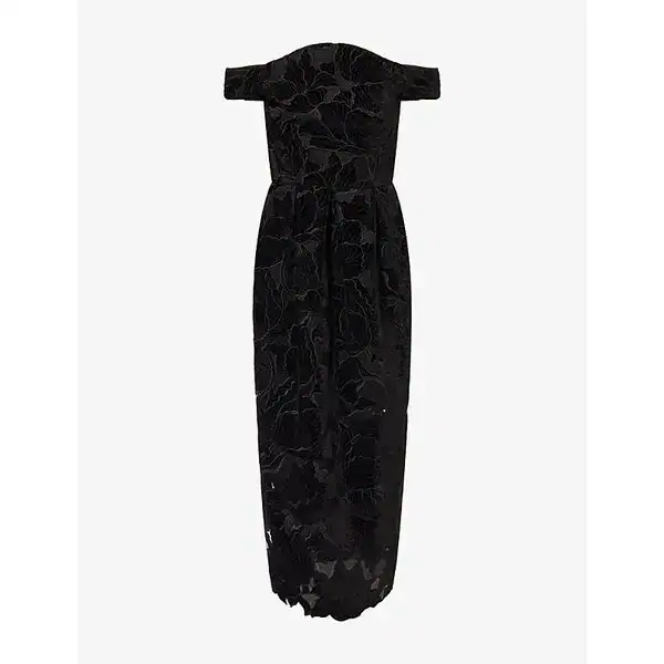 Erdem Floral Lace Bardot Midi Dress In Black | Editorialist
