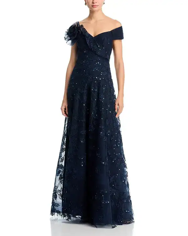 Teri Jon Lace Sweetheart Neck Gown - Navy - 2