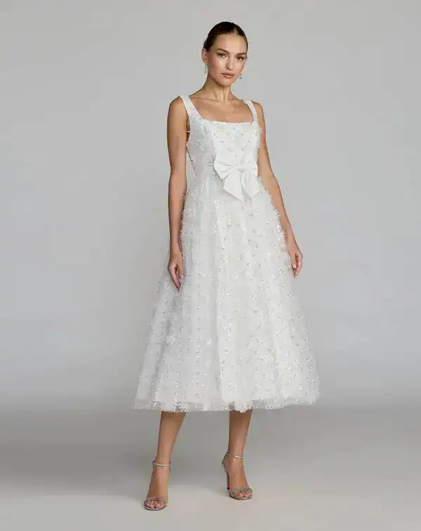 Mac Duggal Embellished Tulle Midi Dress with Bow - Ivory