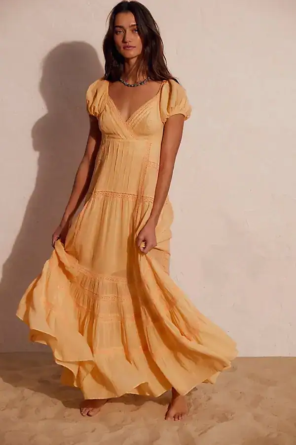 Free People Aura Maxi Dress With Empire Waist And Puff Sleeves - Peach Wash  | Editorialist