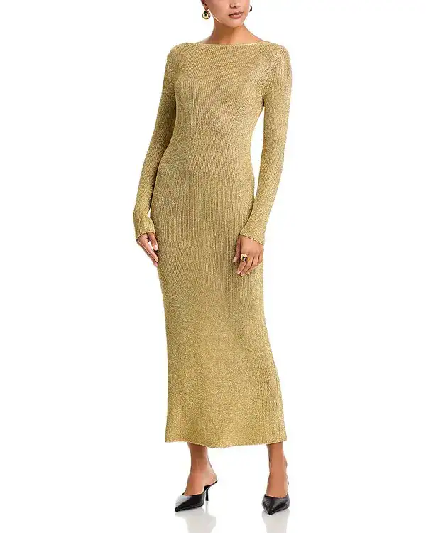 gold metallic knit maxi dress Natalia Fedner LIGHT GOLD SPARKLY KNIT MAXI DRESS main image 1