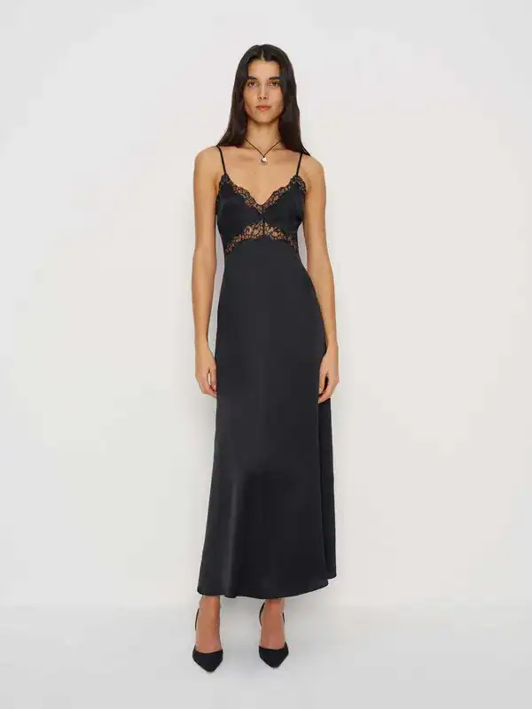 knee length dresses for ladies Black Lace Cut-out Long Silk Slip Dress main image 0