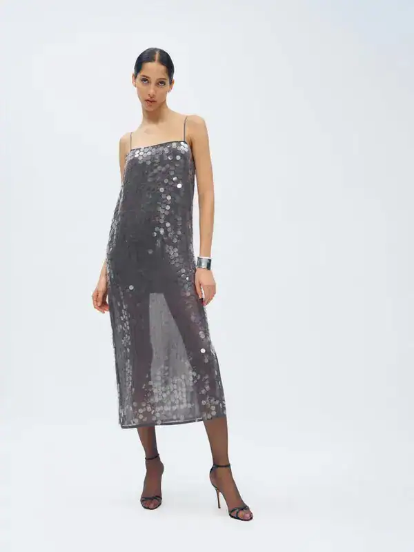 slim fit dress slacks MILA DUSTY BLUE SILK MIDI DRESS – DISSH main image 1