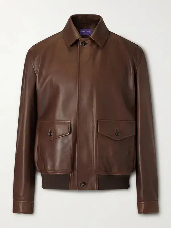 Ralph Lauren Purple Label Leather Bomber Jacket In Brown