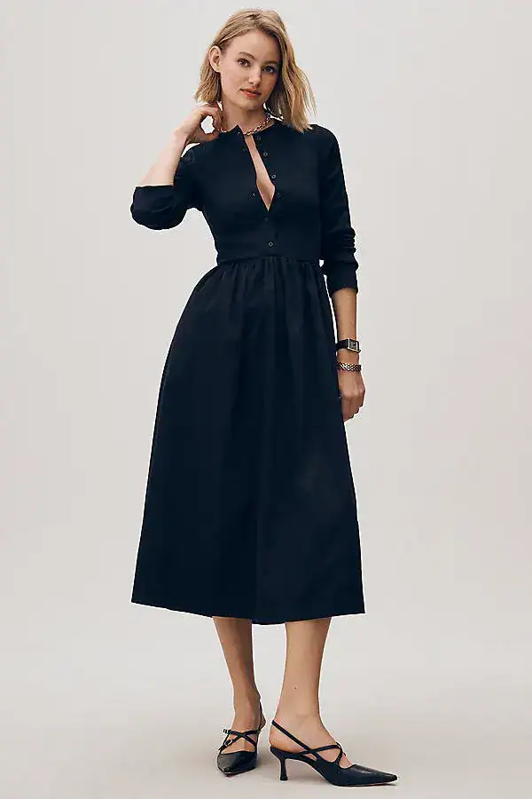 Maeve Long-Sleeve Twofer Cardigan Midi Dress - Black | Editorialist