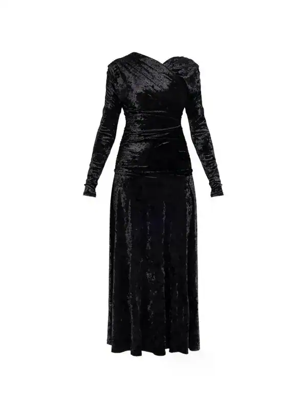 Ganni Maxi Draped Long-sleeved Velvet Effect Dress - Black