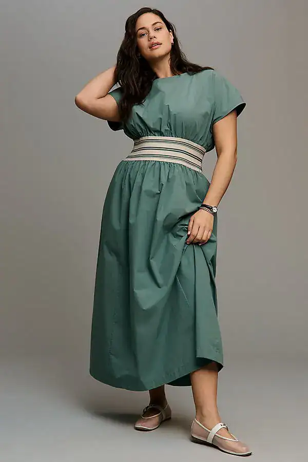 green emerald velvet dress Hunter Green Split Neck Puff Short Sleeve Tiered Midi Dress – SSYS main image 1