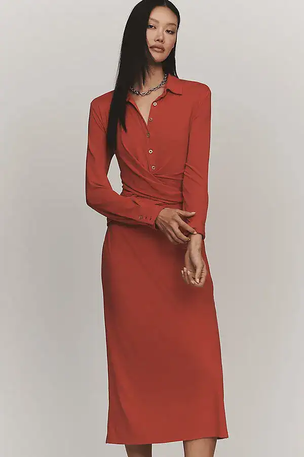 Anthropologie Draped Long-Sleeve Midi Shirt Dress - Barbados Cherry |  Editorialist