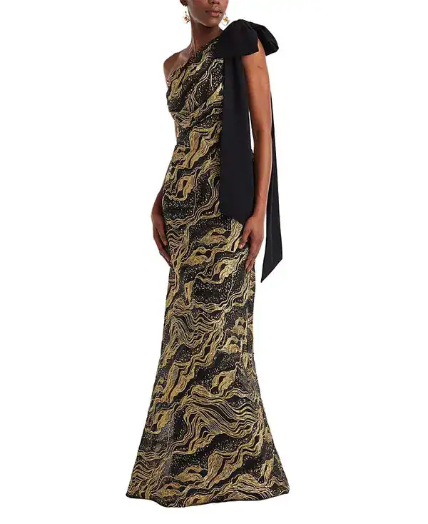 Tadashi Shoji Shariza Bow-Shoulder Gown - Gold | Editorialist