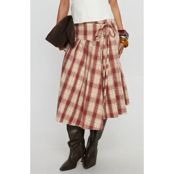 Princess Polly Norie Pleated Cotton Wrap Skirt - Red Plaid | Editorialist