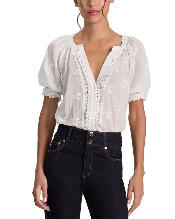 Alice + Olivia Thalia Embroidered Puff Sleeve Top - Off White ...