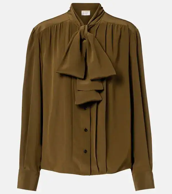 Saint Laurent Tie-Neck Silk Charmeuse Blouse - Brown | Editorialist