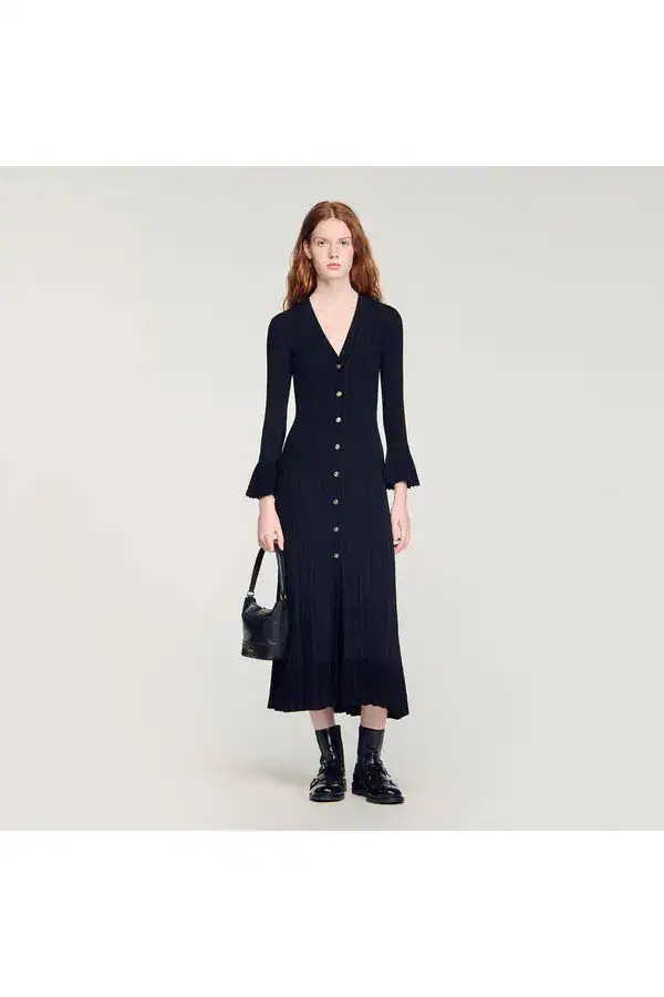 Sandro Knit Maxi Dress With Ruffle - Black | Editorialist