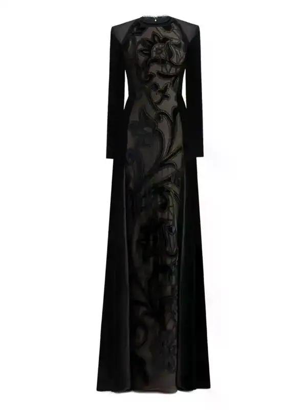 Gemy Maalouf Floral-Embroidery Velvet Dress - Black