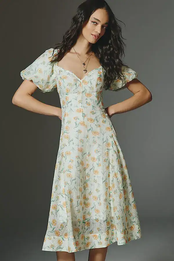 navy blue dress for baby girl Astr The Label Mayra V-Neck A-Line Puff-Sleeve Midi Dress In Yellow Multi  Floral - 27% Off