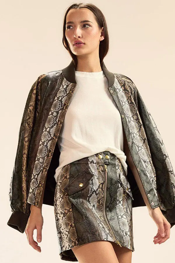 Cynthia Rowley Snake-embossed Vegan Leather Bomber Jacket - Stripe