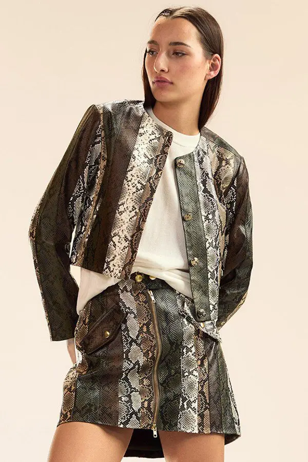 Cynthia Rowley Snake-embossed Vegan Leather Cropped Jacket - Stripe