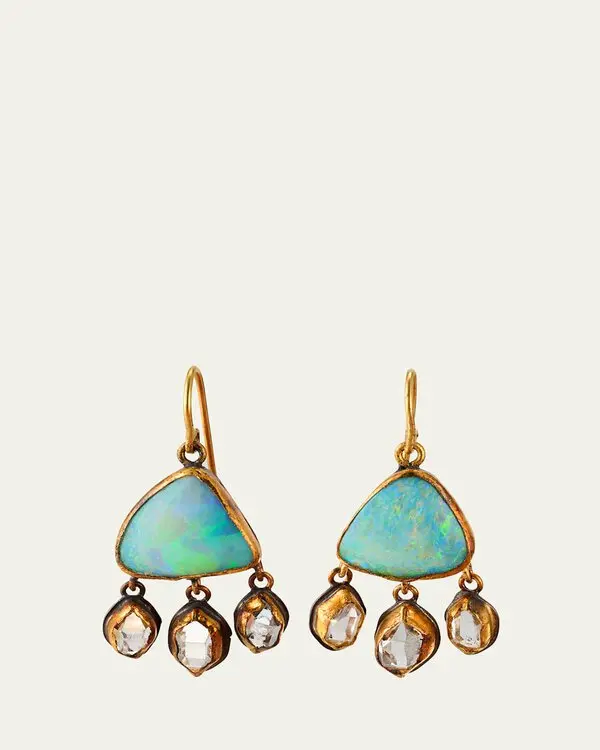Judy Geib Flashy Triangular Boulder Opal And Herkimer Diamond Drop Earrings